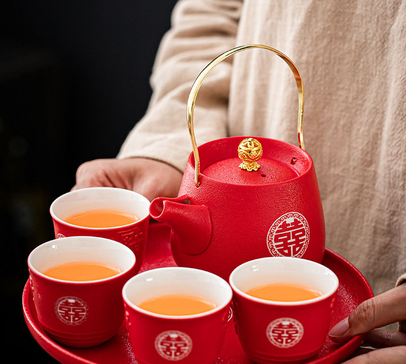 China Red Wedding Red Ceramic Tea Set Wedding Double Happiness Teapot ...