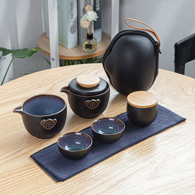 Portable Travel Tea Set - Black Porcelain, Perfect for On-The-Go