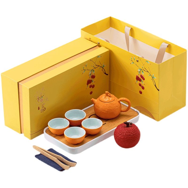 Handcrafted Chinese Fruit Tea Set with Bamboo Tea Tray