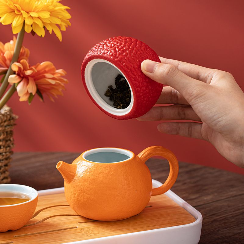 Handcrafted Chinese Fruit Tea Set with Bamboo Tea Tray