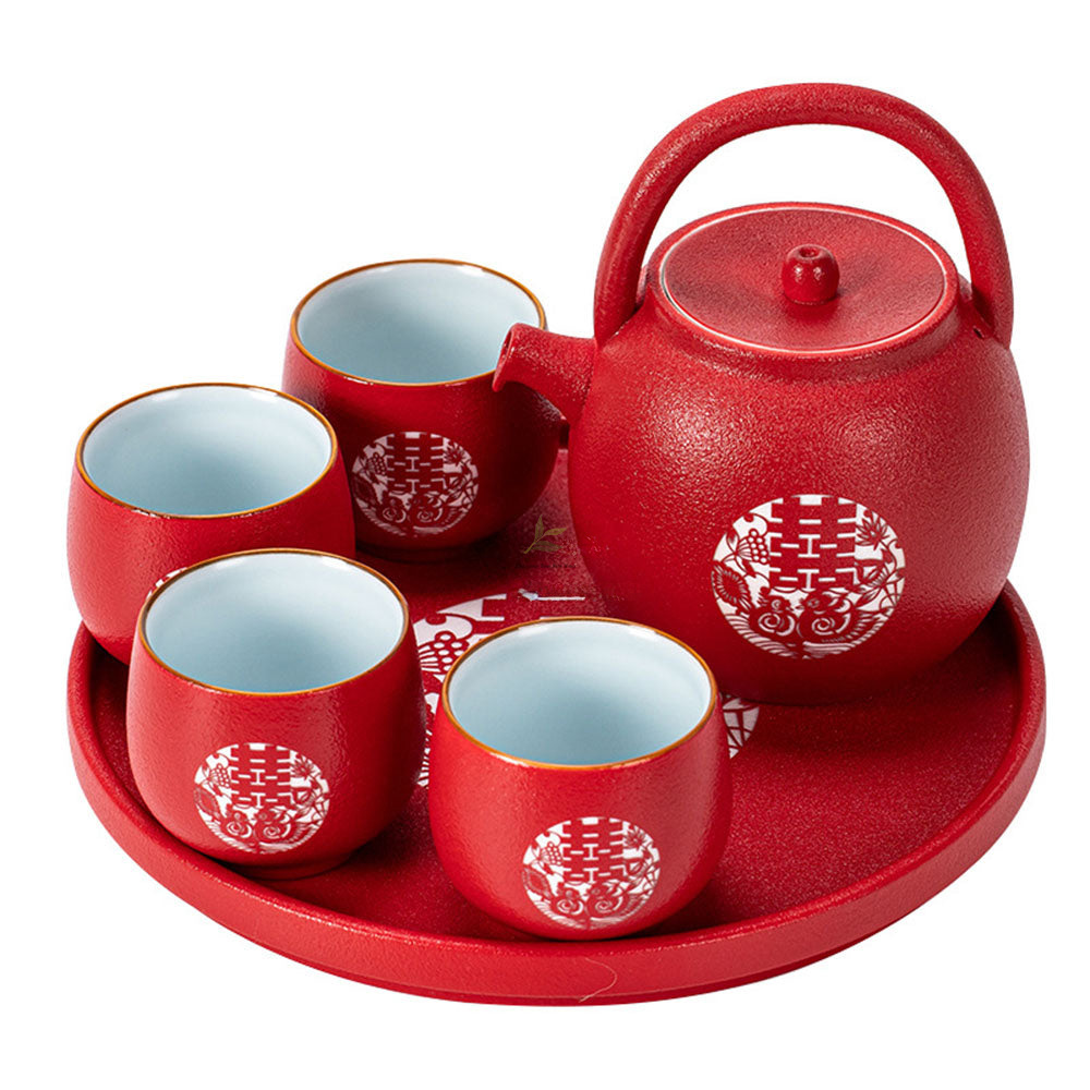 Ornate Red Double Happiness Tea Set for Weddings
