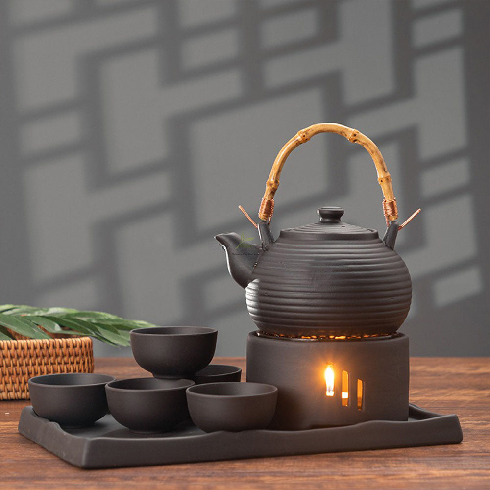 Japanese Kyusu Clay Tea Set with Warmer and Tray