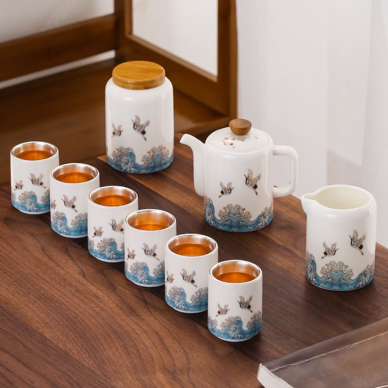 Jade Porcelain Tea Set with Pure Silver Insulation