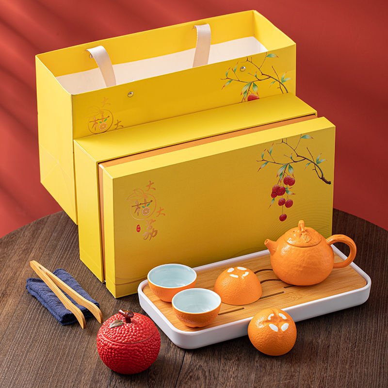 Handcrafted Chinese Fruit Tea Set with Bamboo Tea Tray