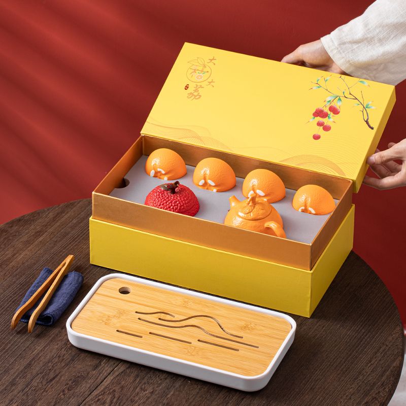 Handcrafted Chinese Fruit Tea Set with Bamboo Tea Tray