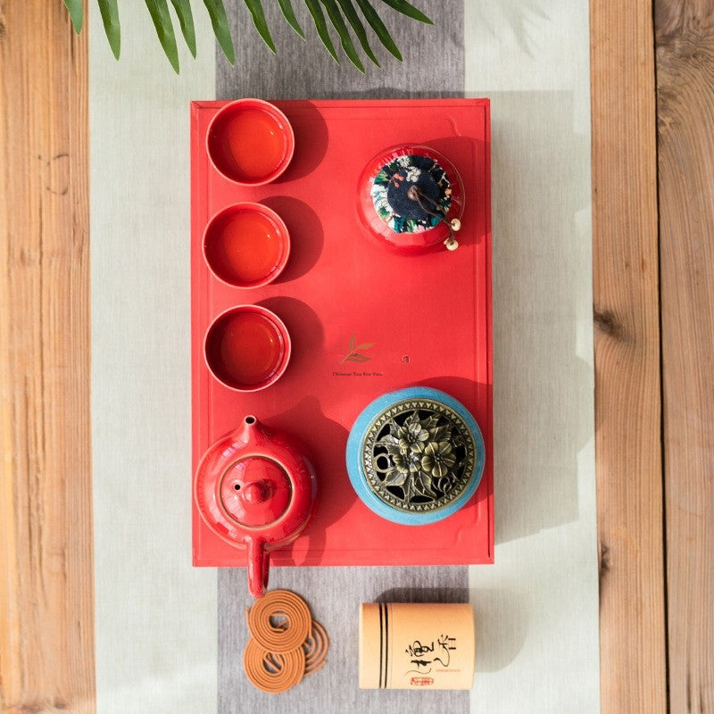 Red Chinese Tea Set with Exquisite Gift Box