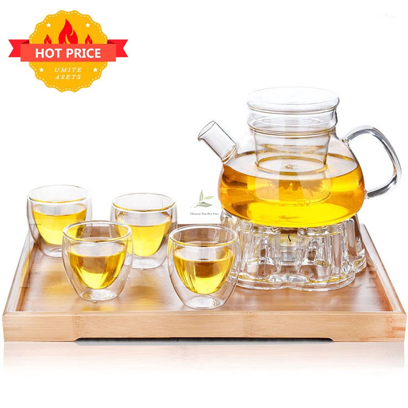 Japanese Glass Tea Set with Bamboo Tea Tray