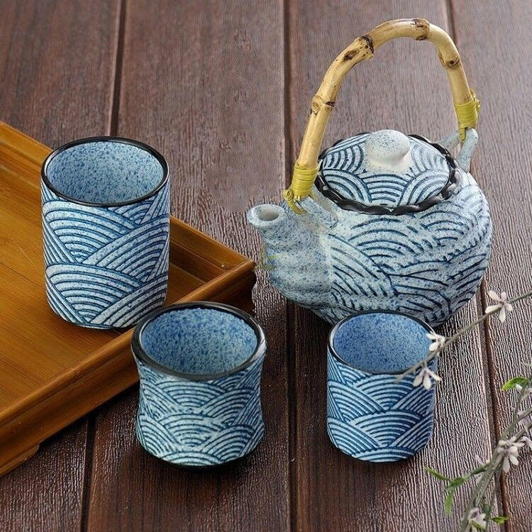 Japanese Bamboo Handle Sea Wave Tea Set