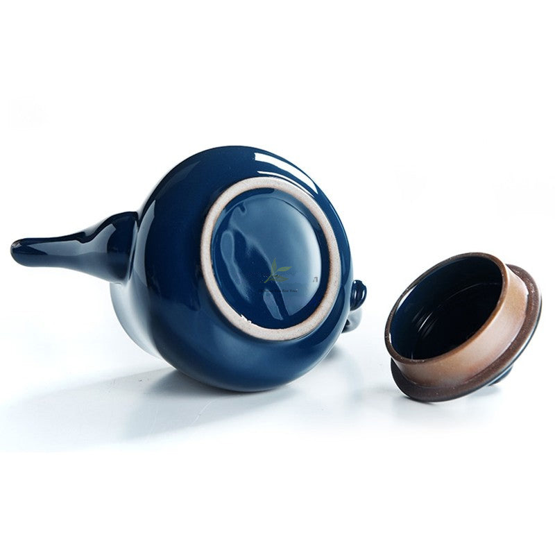 Chinese Blue Ceramic Teapot with Golden Floral Design